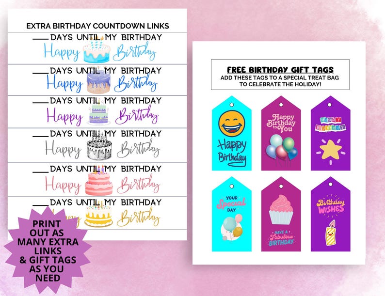 Birthday Countdown Paper Chain: Printable DIY Activity, Gift Tags (PDF ...