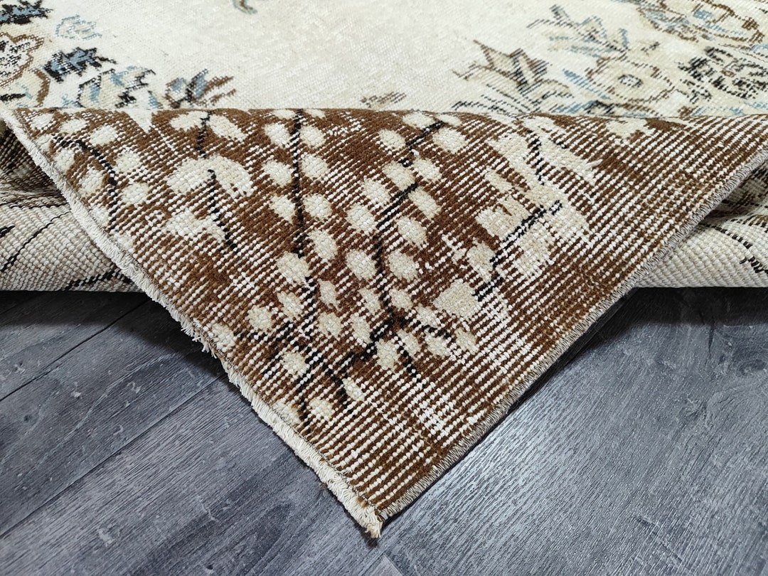 6x10 Beige Blue Brown Vintage Rug, Handmade 6x10 Natural Wool Turkish ...