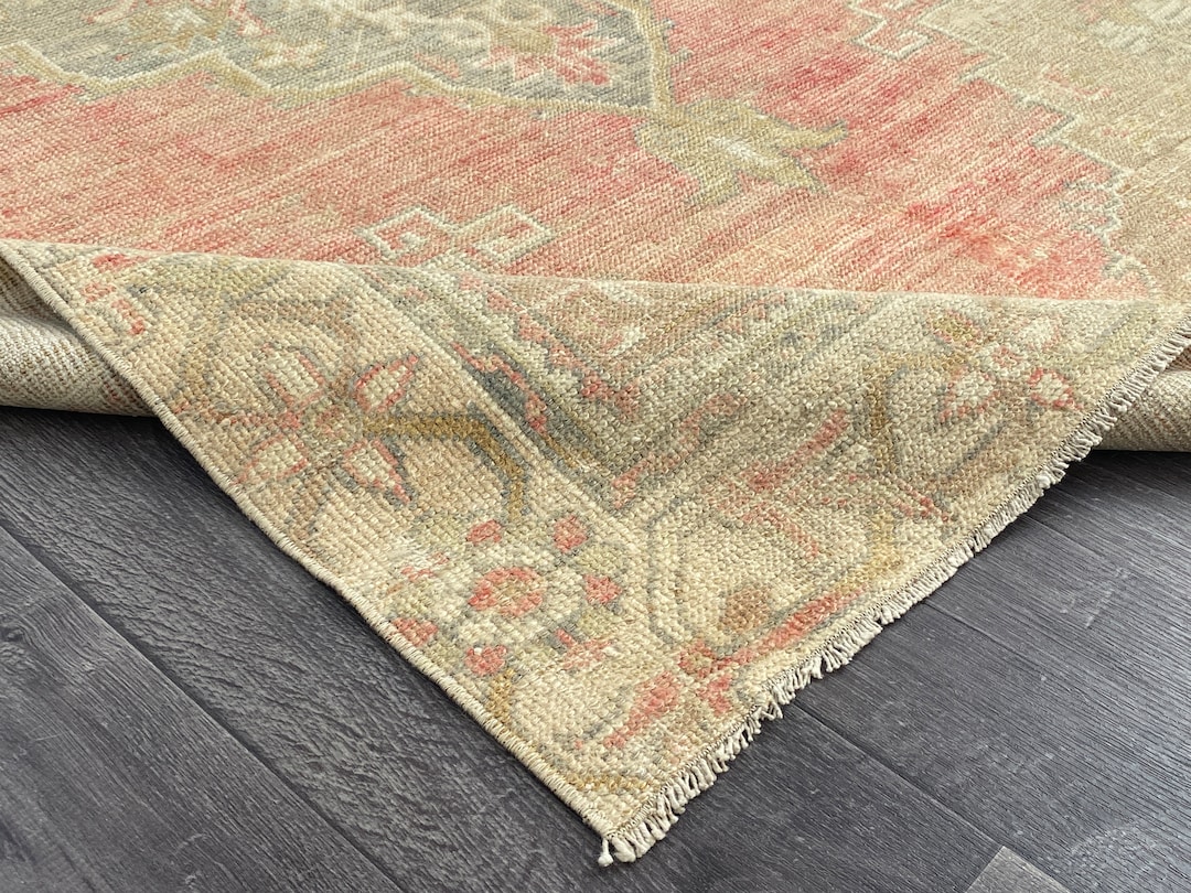 4x4 Beige Reddish Turkish Rug, 4x4 Beige Red Oushak Rug, Antique Rug ...