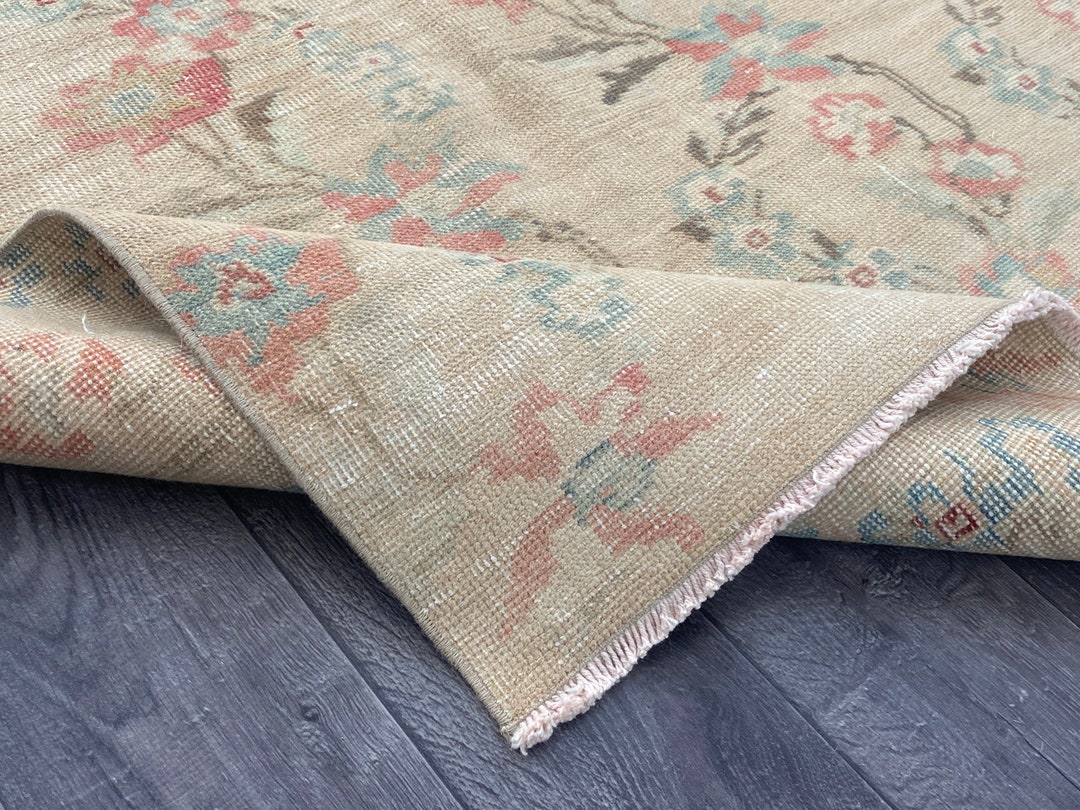 4x8 Beige Pink Blue Oushak Rug, 4x8 Natural Wool Turkish Rug, Vintage ...