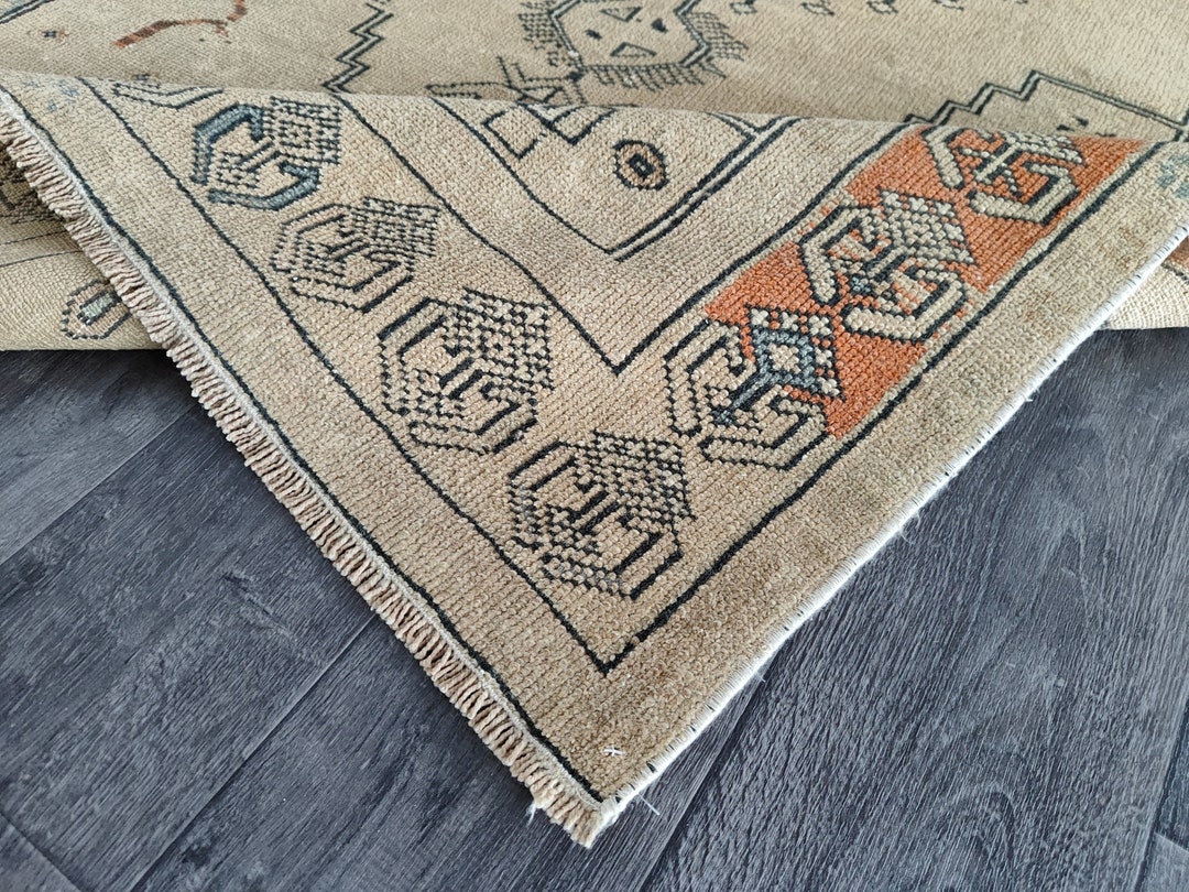 4x8 Beige Orange Blue Turkish Area Rug, 4x8 Neatrul Wool Vintage Rug ...