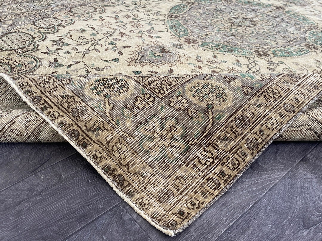 6x9 Gray Blueish Beige Green Turkish Rug, 6x9 Oushak Rug, Handmade Wool ...