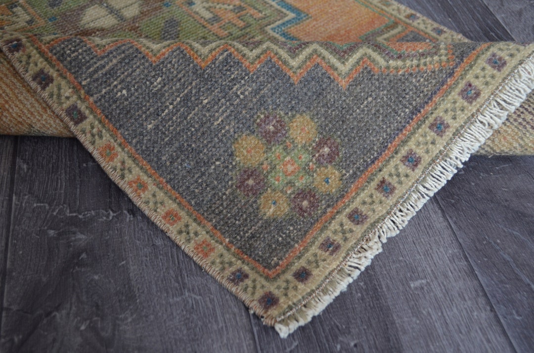 2x3 Orange Blue Turkish Rug, 2x3 Orange Navy Vintage Door Mat, Home ...