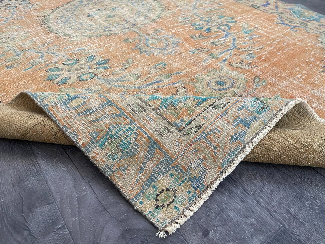 5.1x8.6 Ft Orange Beige Blue Turkish Rug, 5x9 Handmade Vintage Oushak ...