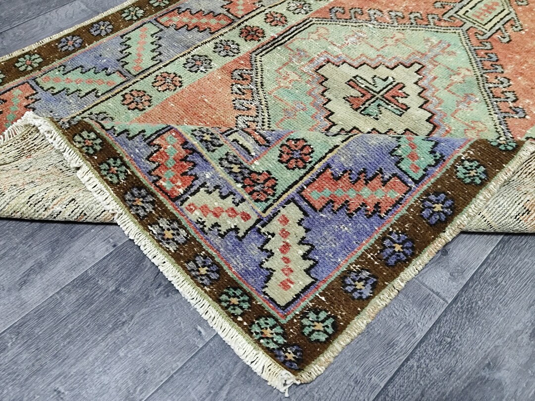 3x4 Blue Orange Green Turkish Rug, Unique 3x4 Natural Vintage Rug ...