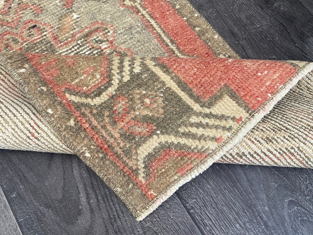 1x3 Red Blue Turkish Door Mat, 1x3 Red Blue Vintage Rug, Oushak ...