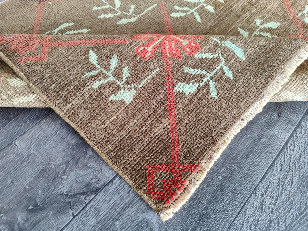 3x5 Brown Red Blue Turkish Small Rug, 3x5 Handmade Vintage Rug, Oushak ...
