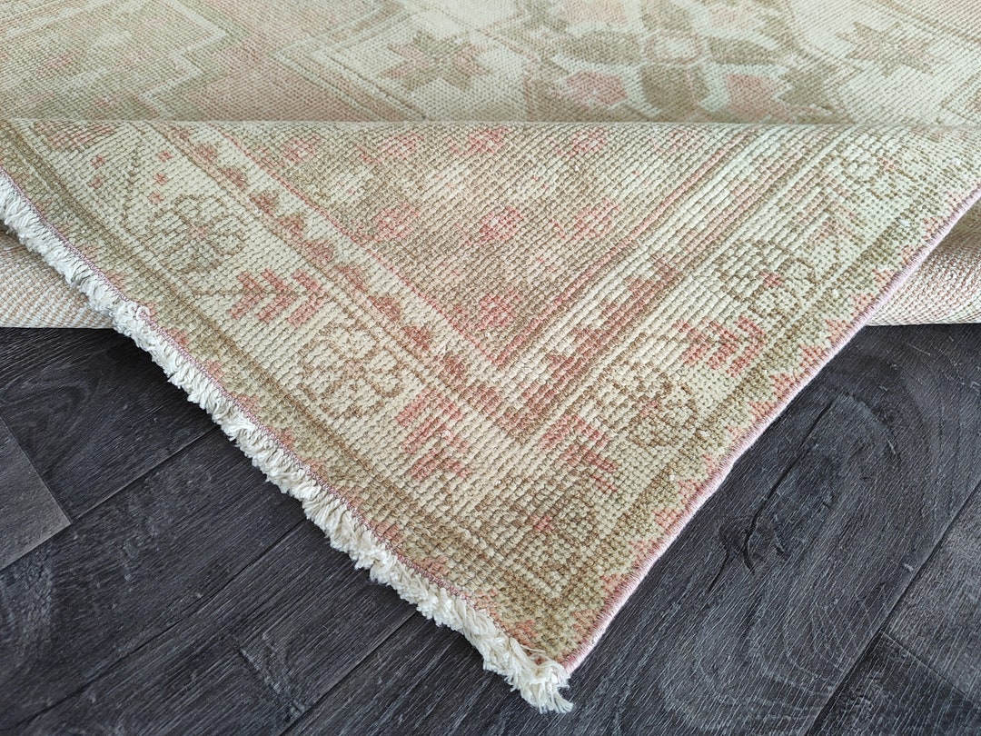 4x8 Beige Pink Green Turkish Area Rug, 4x8 Neatrul Wool Vintage Rug ...