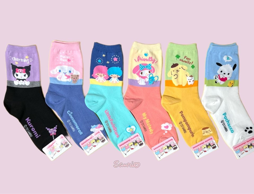 Sanrio Characters 2 Tone Crew Socks Ultra Soft, Cutie Socks / Kuromi ...