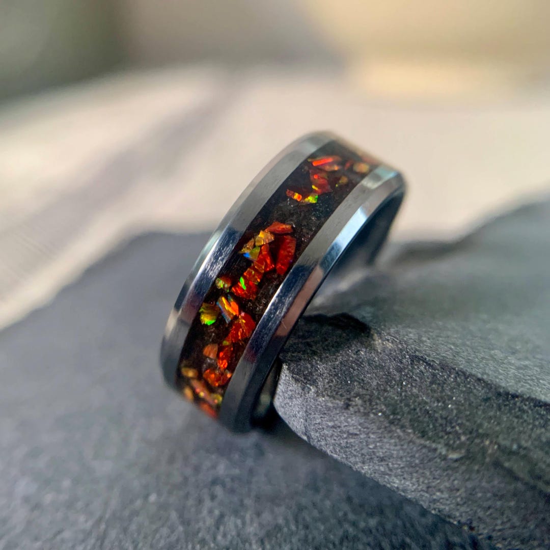 Lava Opal Glow Ring, the Magma Black Ceramic Wedding Band, Black Opal ...