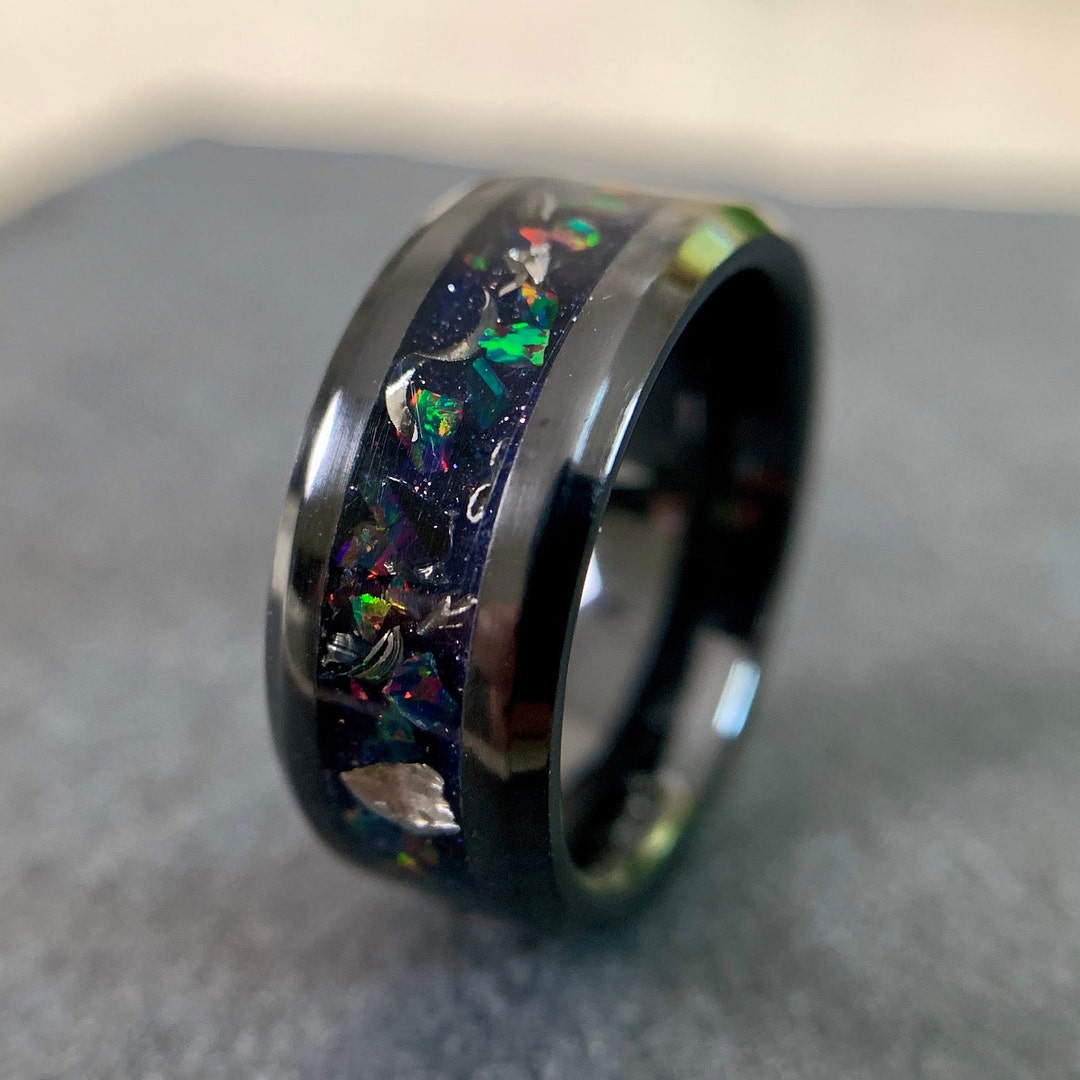 Nebula Opal Ring: Meteorite Inlay, “nebula” Black Ceramic Wedding Band ...