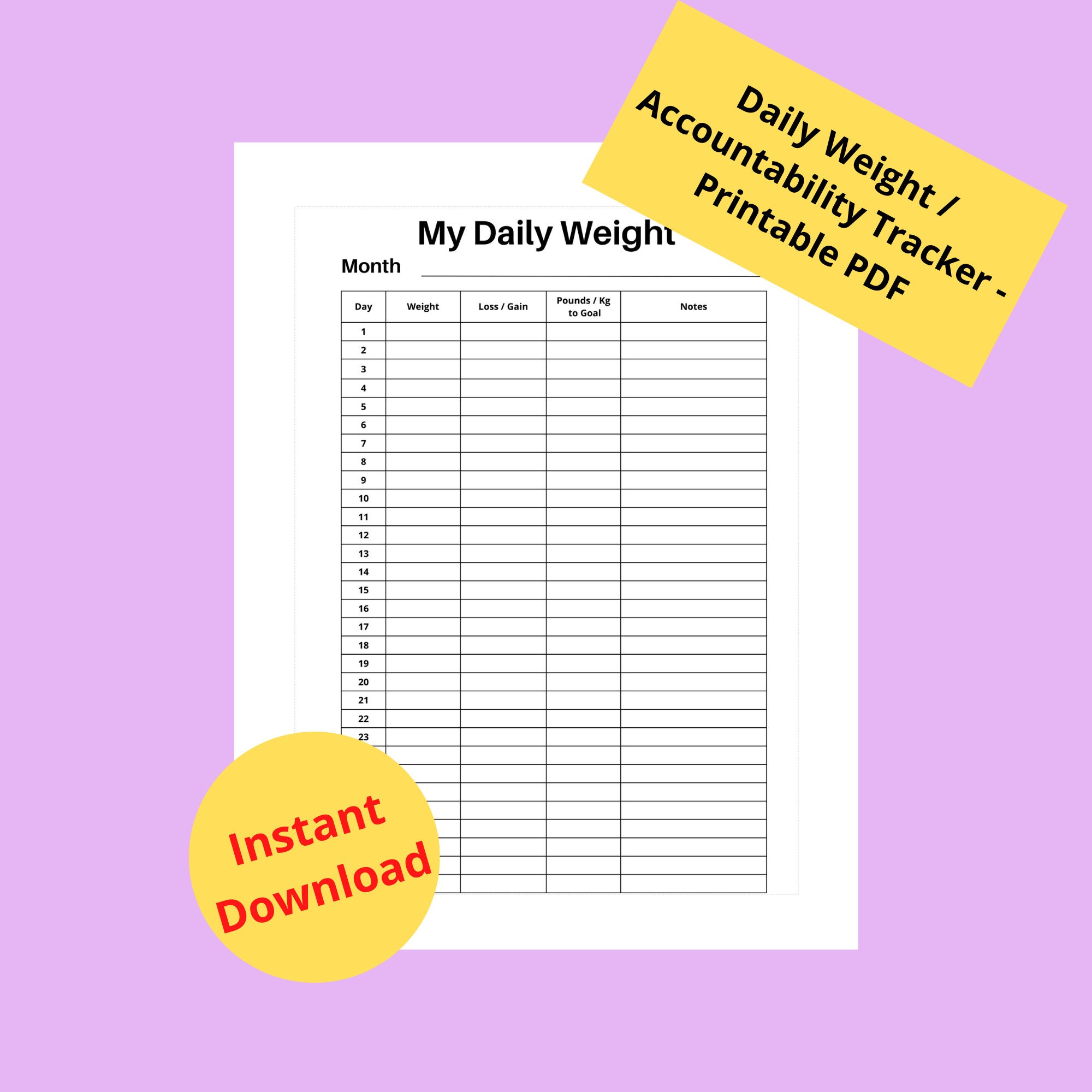 Daily Weight Loss Tracker Printable PDF Instant Download - Etsy