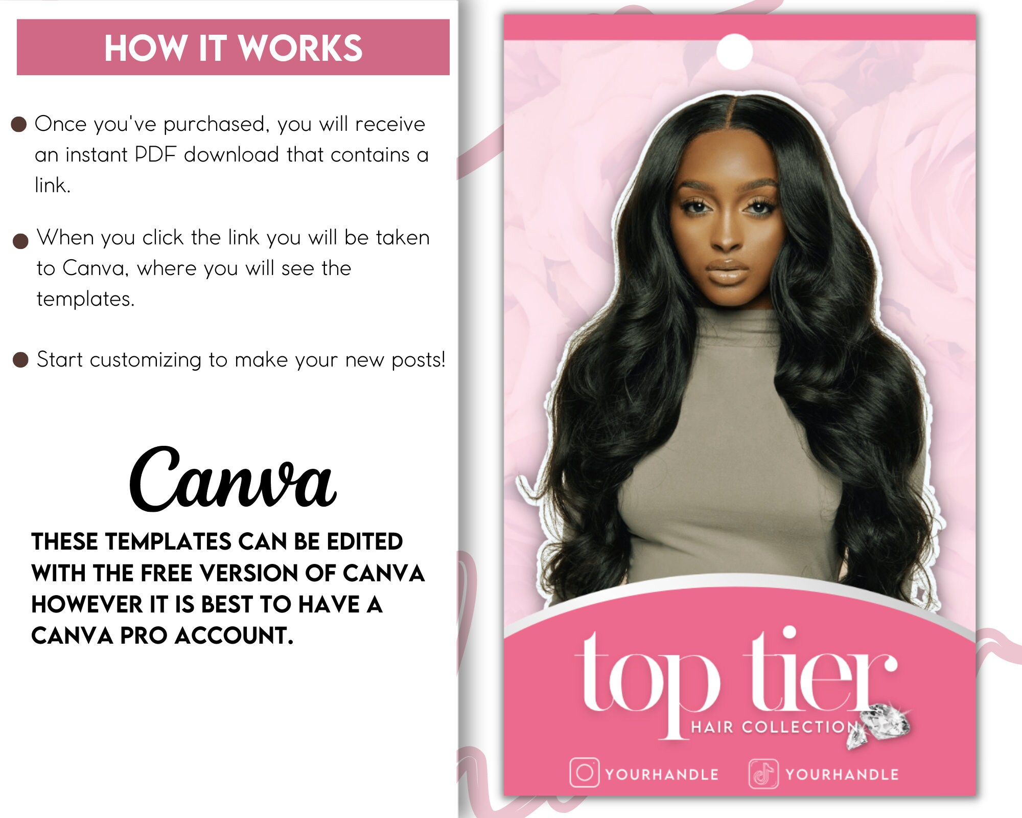 Editable Hair Hang Tag | Girly Pink Branding Aesthetic | DIY Canva ...