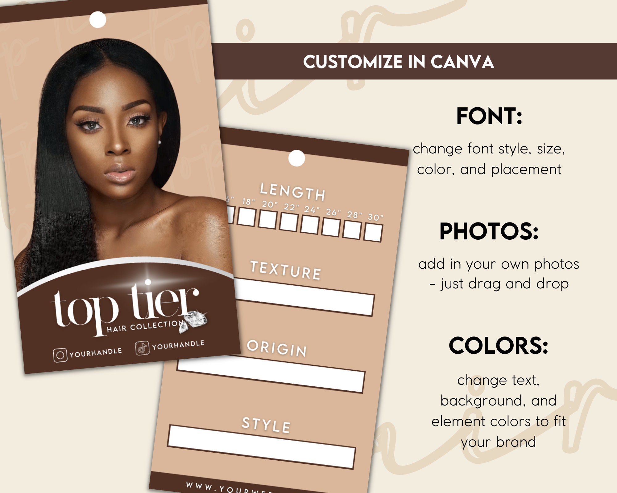 Editable Hair Hang Tag | Brown Branding Aesthetic | DIY Canva Template ...