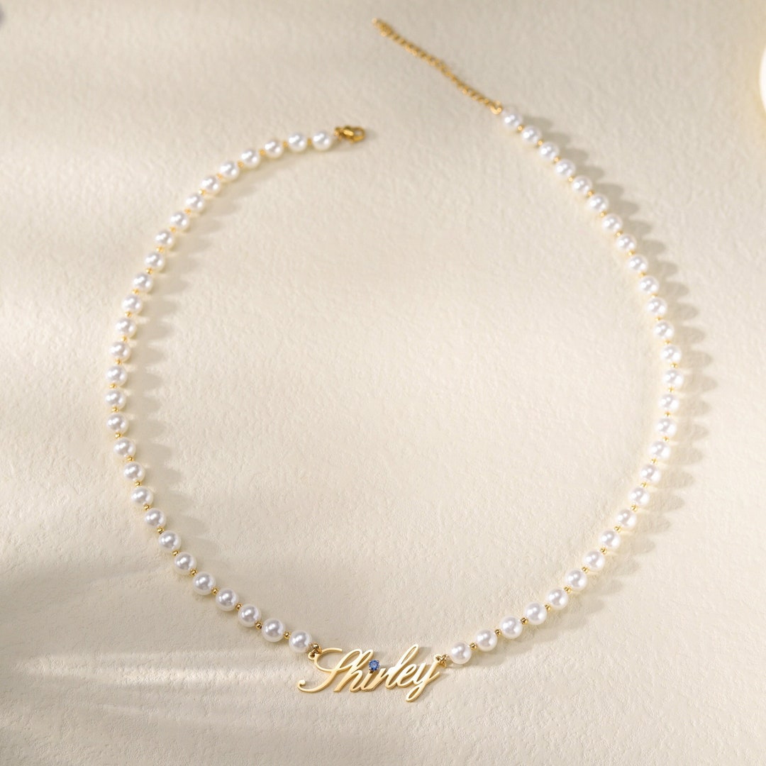 Birthstone Name Necklace With Pearl Chain|personalized Name Necklace ...