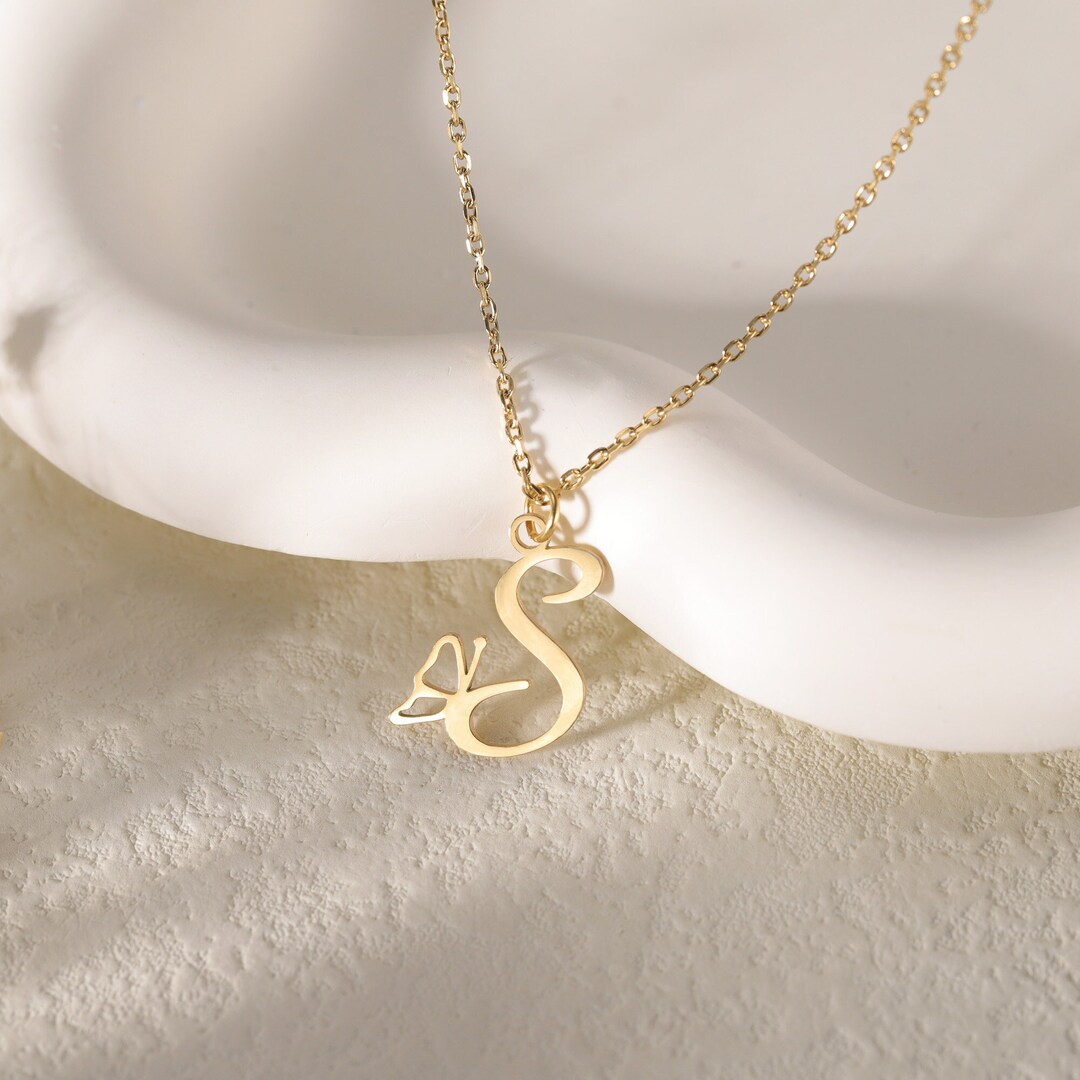 Gold Initial Necklace With Butterfly|minimalist Initial Necklace|tiny ...