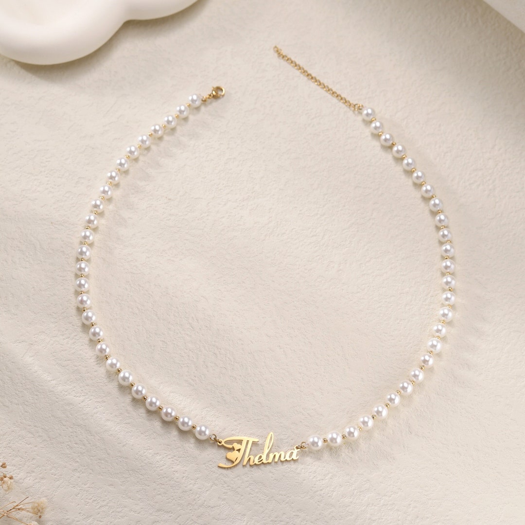 Custom Freshwater Pearl Necklace With Heart Font|white Pearl Chain Name ...