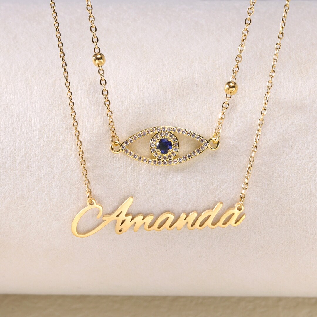 Personalized Evil Eye Nameplate Necklace Set|customized Blue Crystal ...