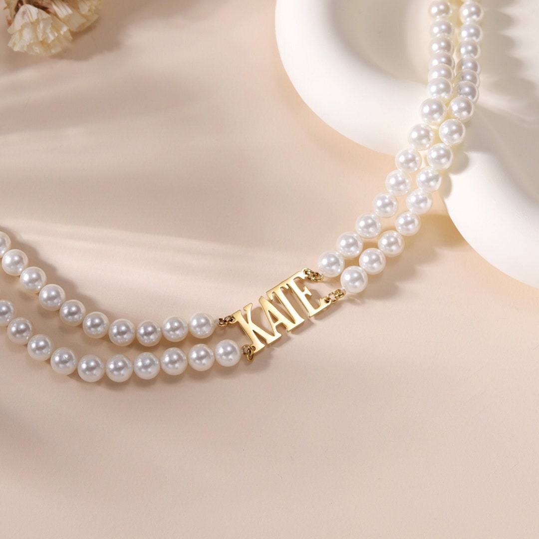 Double Layer Gold Pearl Necklace|personalized Freshwater Pearl Name ...