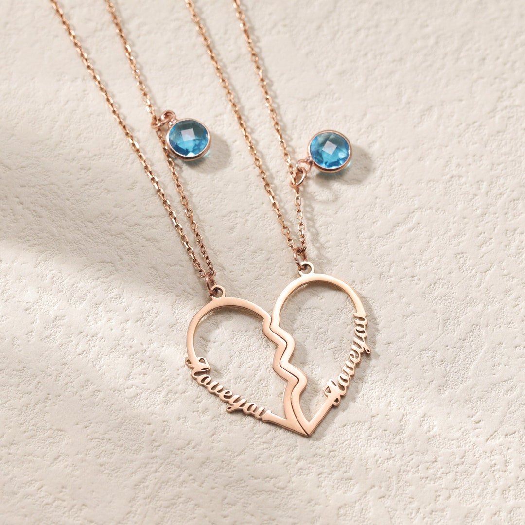 Custom Birthstone Necklace With 2 Names|heart Charm Necklace for Couple ...