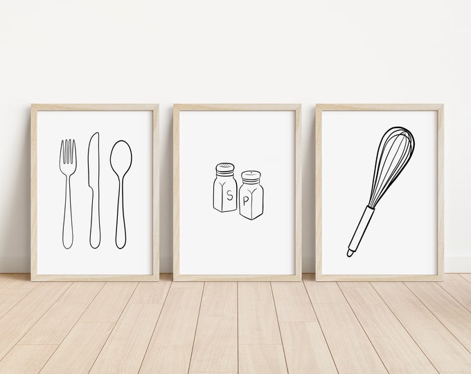 Set of 3 Line Drawing Printable Kitchen Decor ,kitchen Wall Art, Dining ...