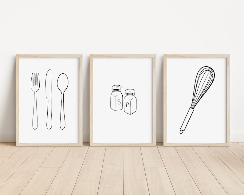 3 Piece Art Prints, Printable Wall Art, Kitchen Art Simple, Line Art ...