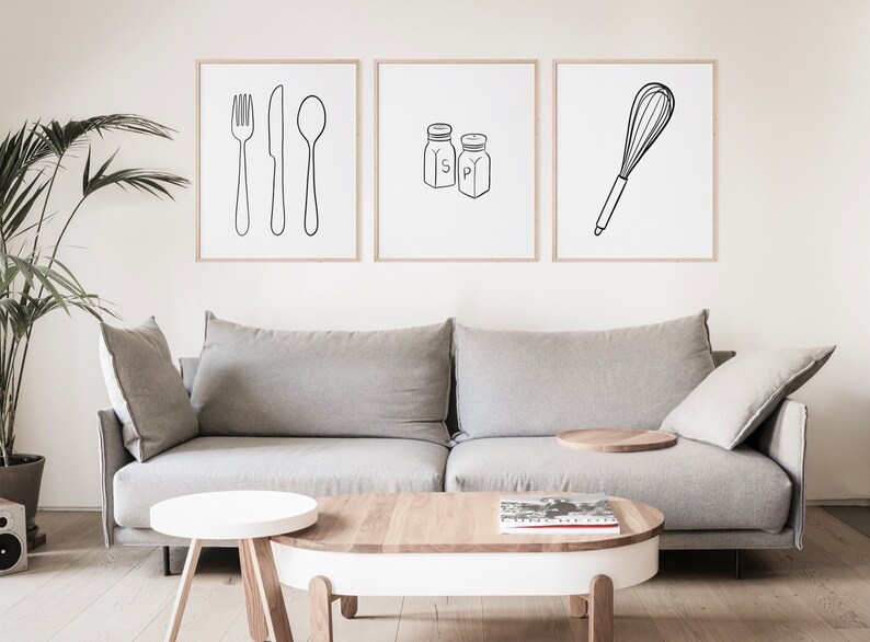 3 Piece Art Prints, Printable Wall Art, Kitchen Art Simple, Line Art ...