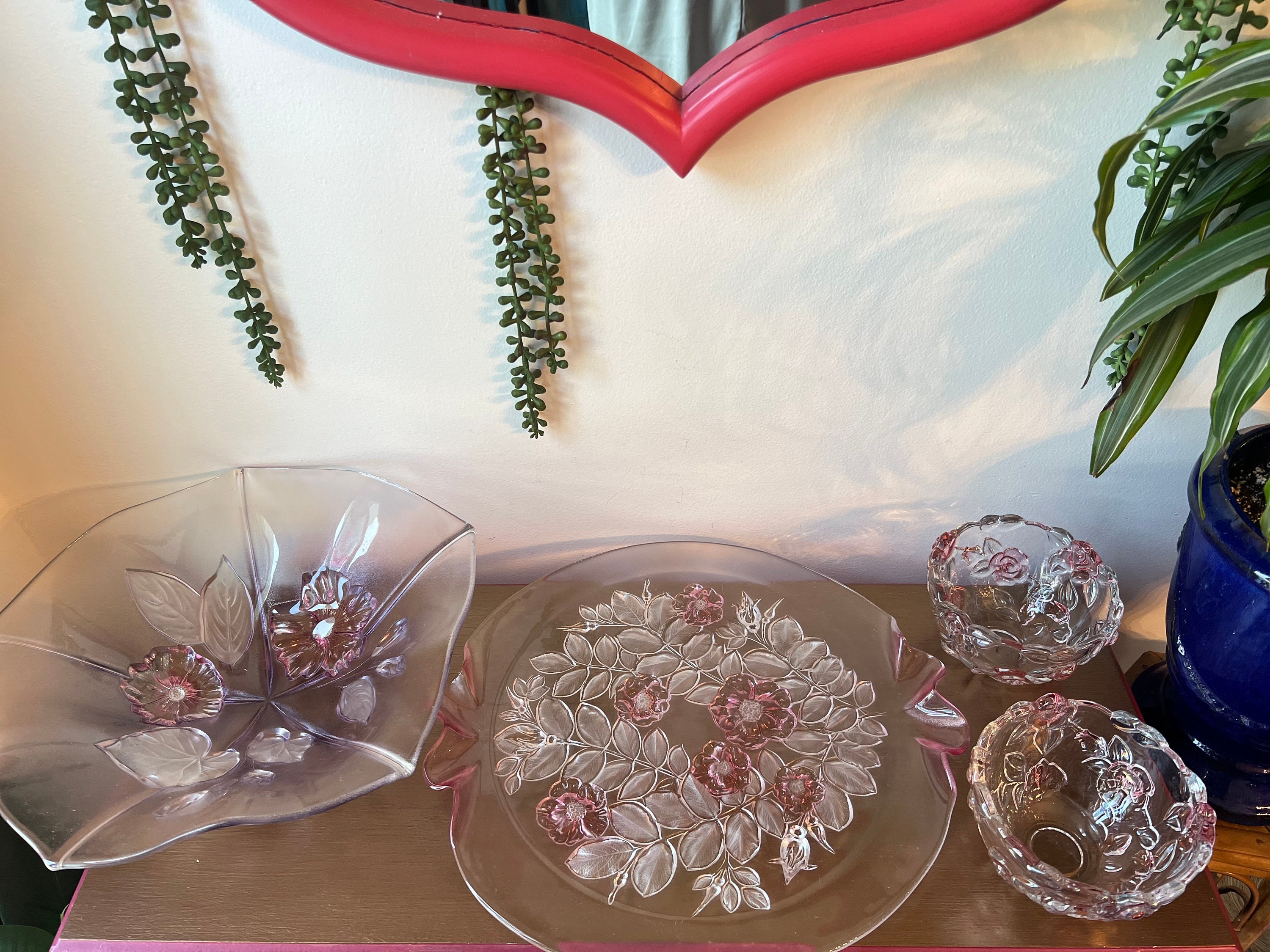 Set of Vintage Mikasa Flower Crystal Serving Dishes Pink Rosella ...