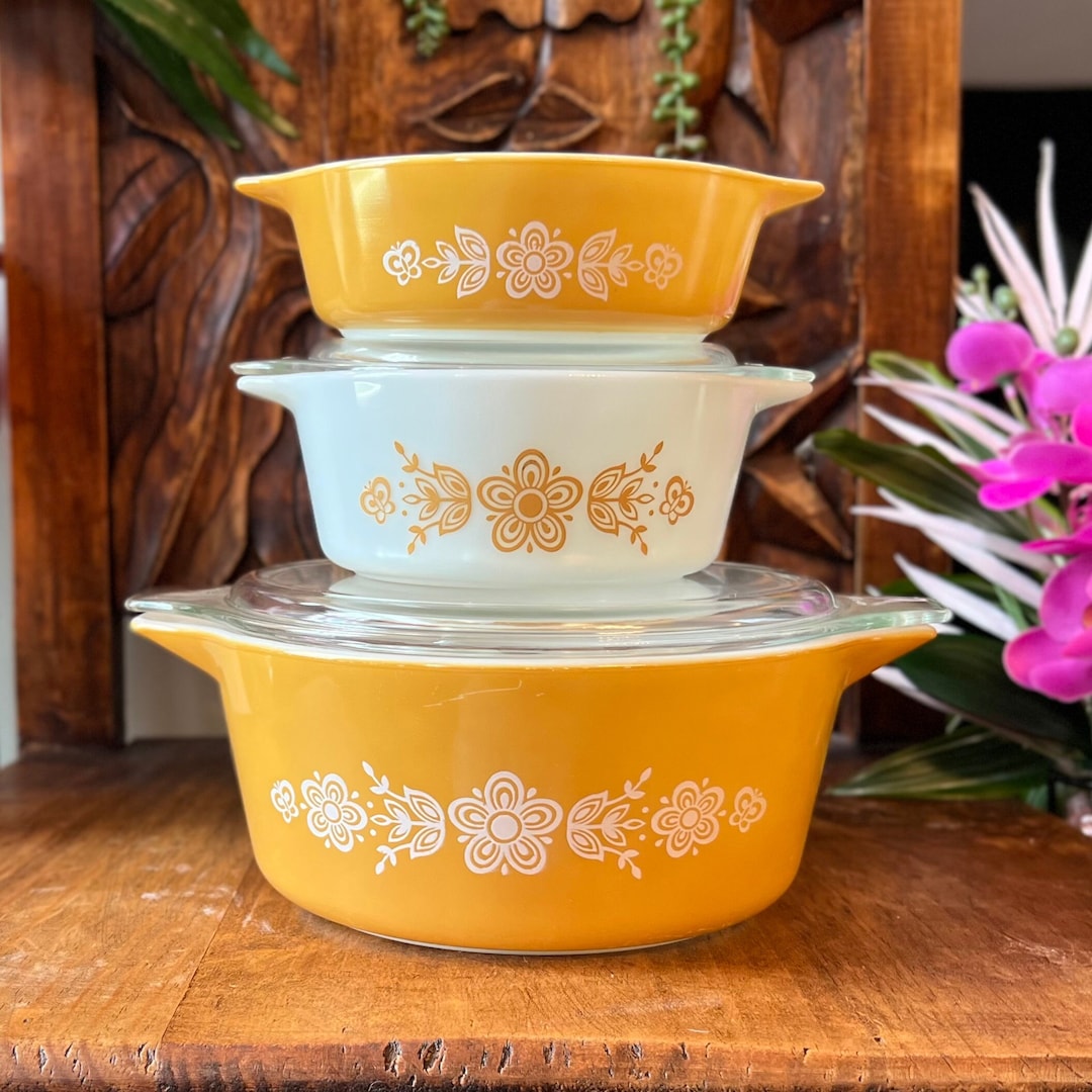 Set of 3 Butterfly Gold Vintage Pyrex Casserole Dishes With Lids Floral ...
