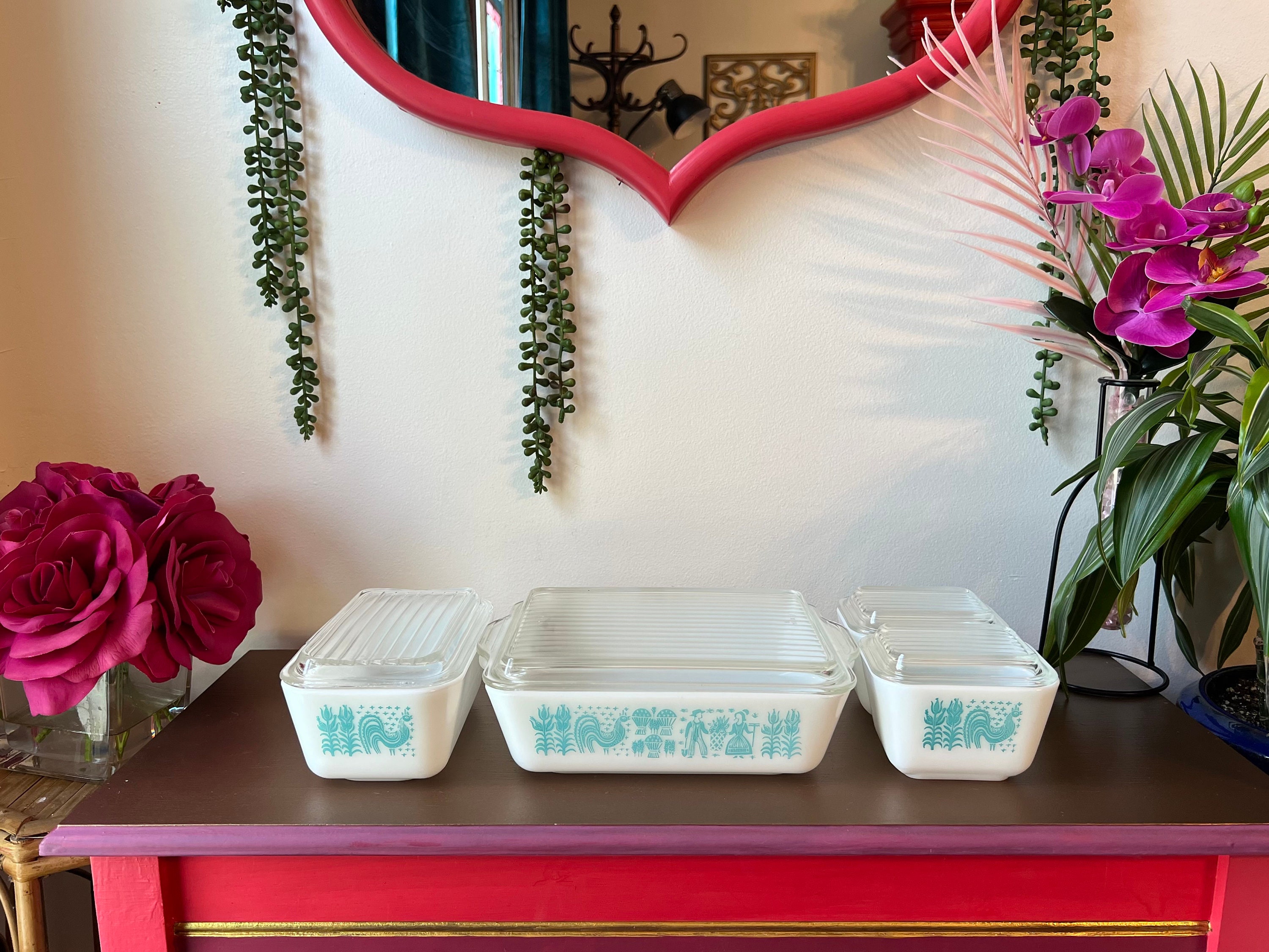 Vintage Pyrex Butterprint Refrigerator Dishes Turquoise and White Amish ...