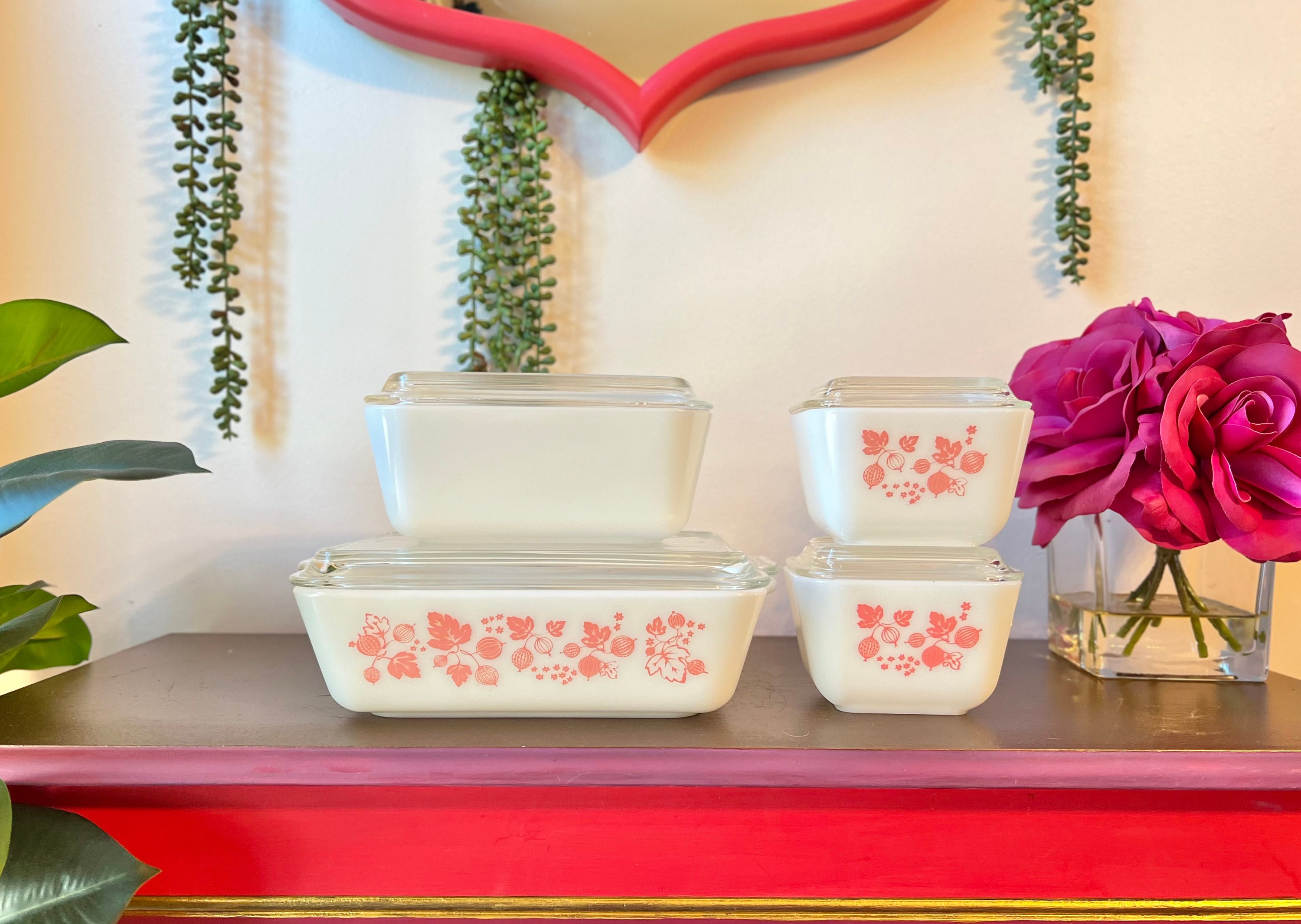 Set of Vintage Pyrex Pink Gooseberry Fridgie Dishes Pink Pyrex ...