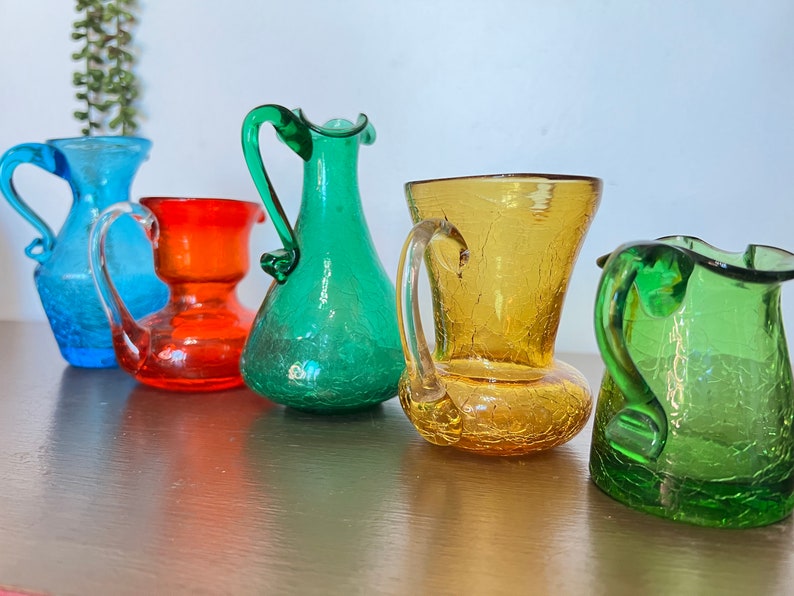 MCM Vintage Crackle Glass Mini Pitchers Set of 5 Lot of Blown Glass ...