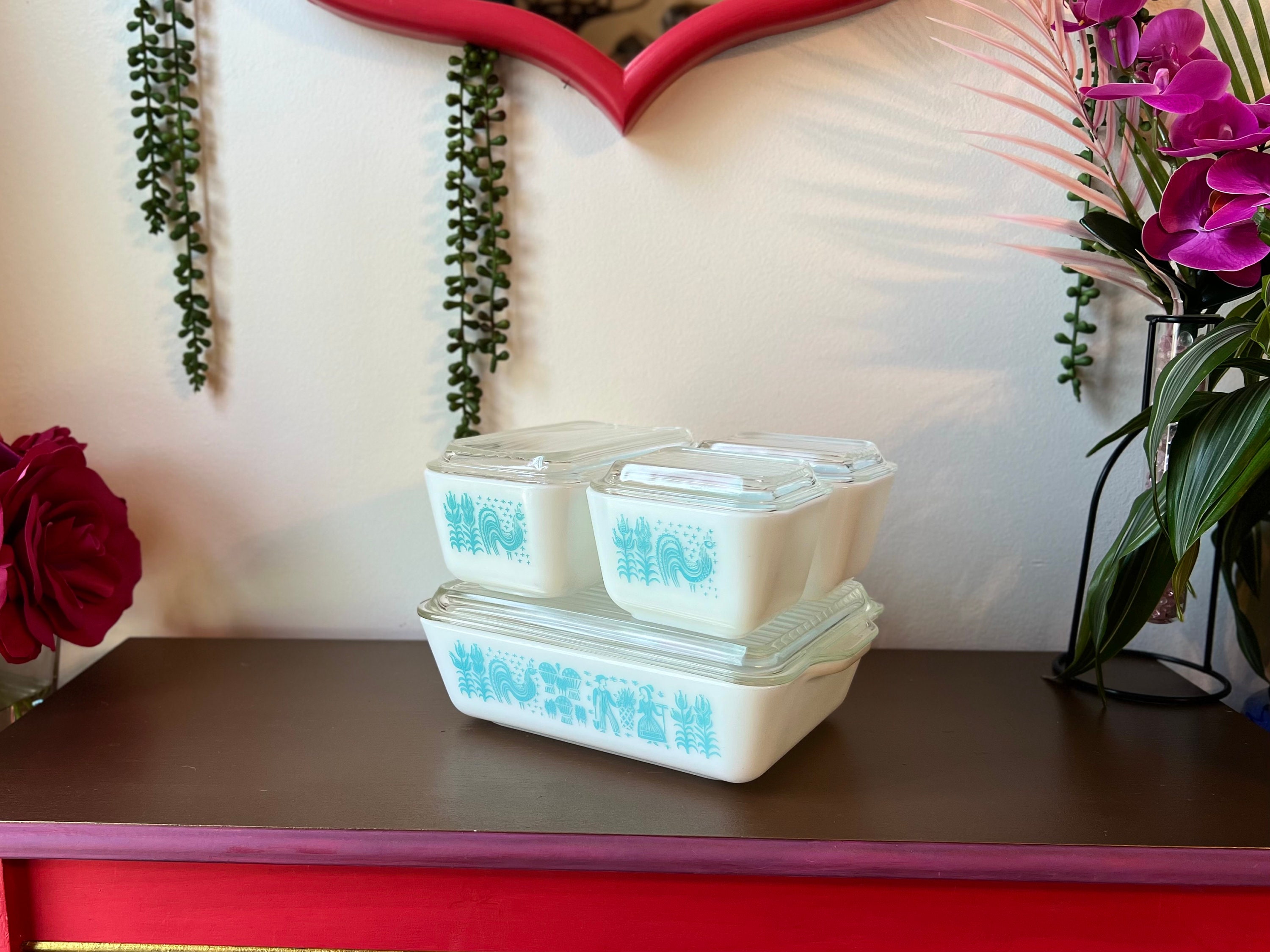 Vintage Pyrex Butterprint Refrigerator Dishes Turquoise and White Amish ...