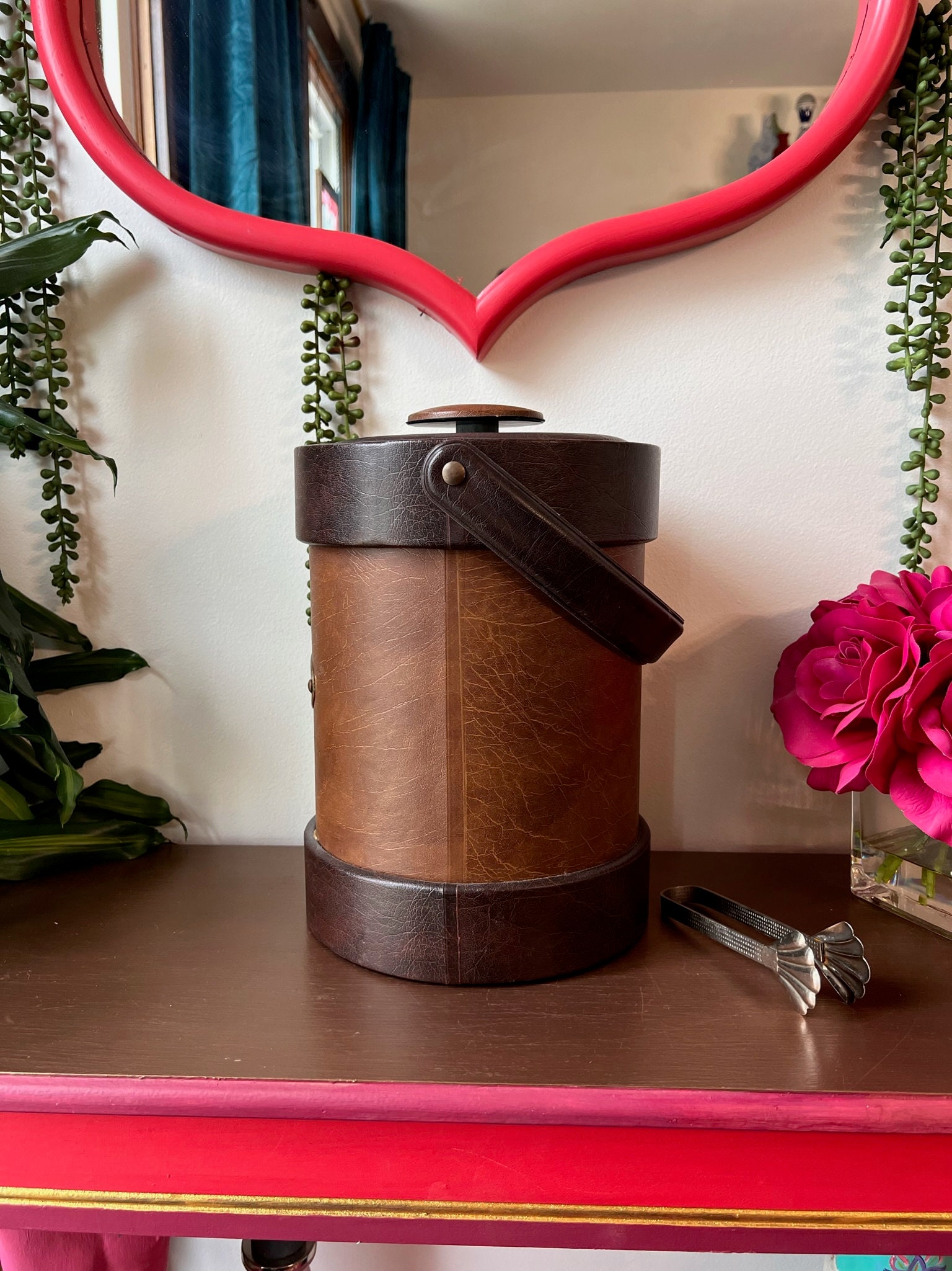 Vintage Shelton-ware Vinyl Ice Bucket With Lid and Silver Ice Tongs Mid ...