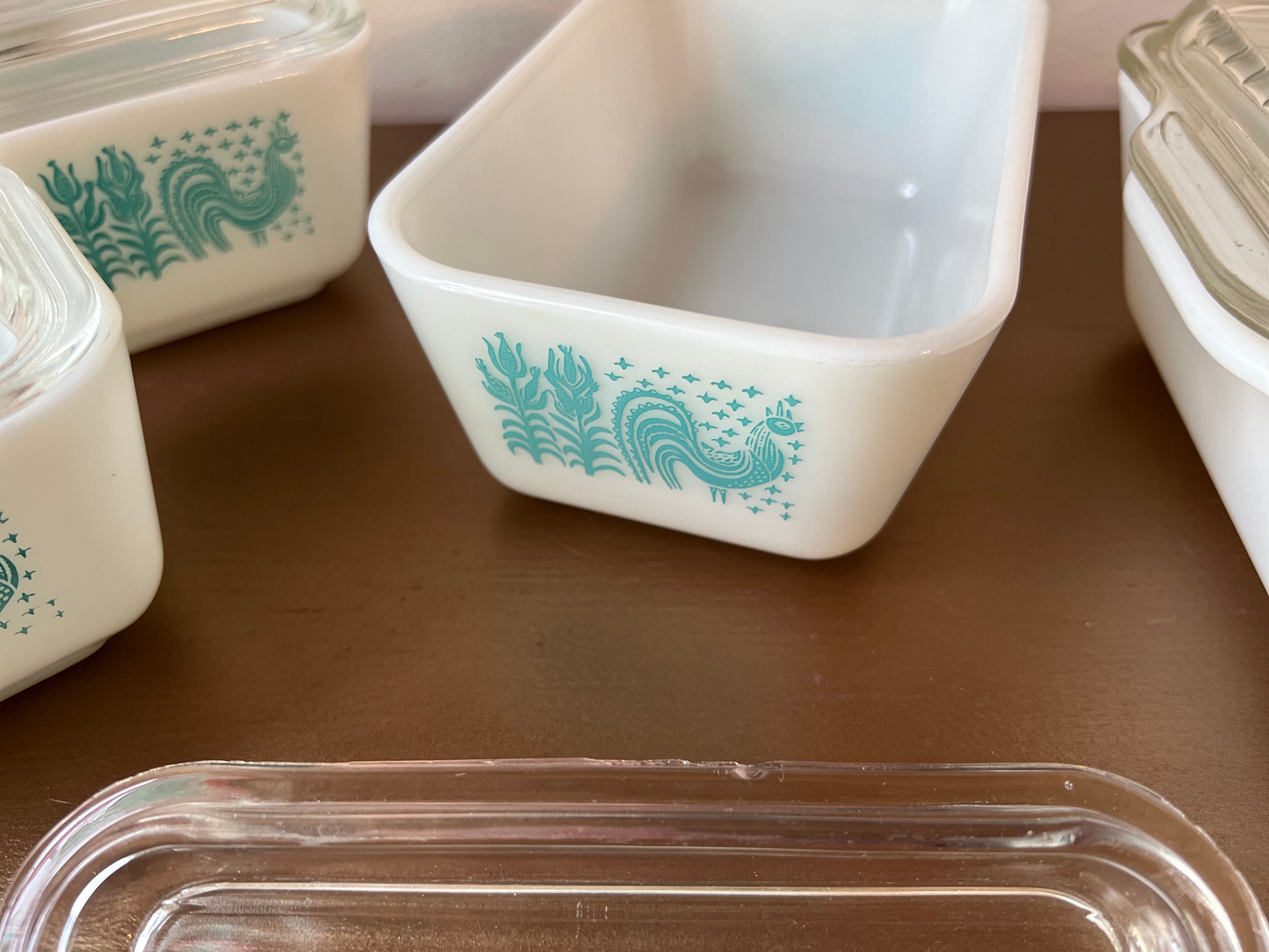 Vintage Pyrex Butterprint Refrigerator Dishes Turquoise and White Amish ...