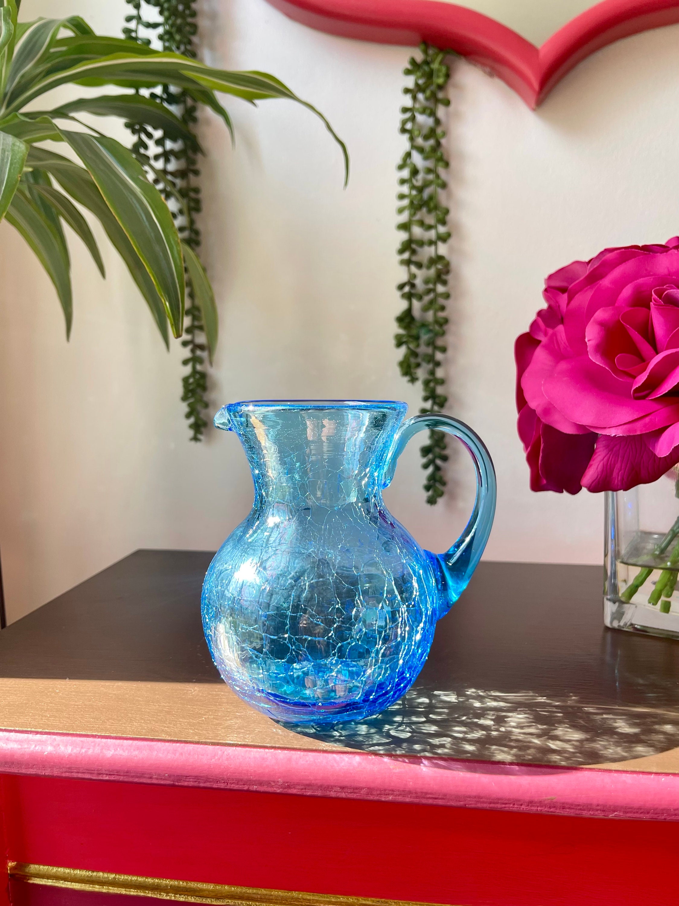 MCM Mini Turquoise Crackle Glass Blenko Pitcher 637S Small Aqua Blue ...