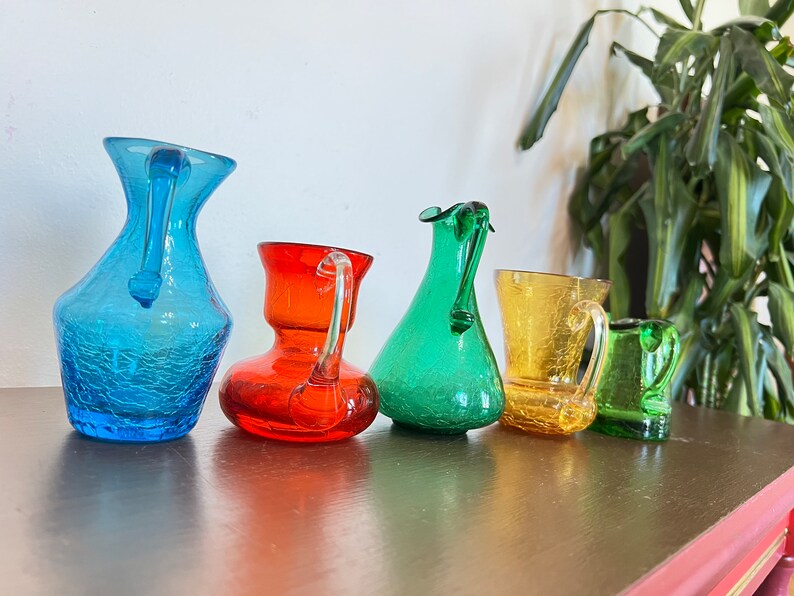 MCM Vintage Crackle Glass Mini Pitchers Set of 5 Lot of Blown Glass ...