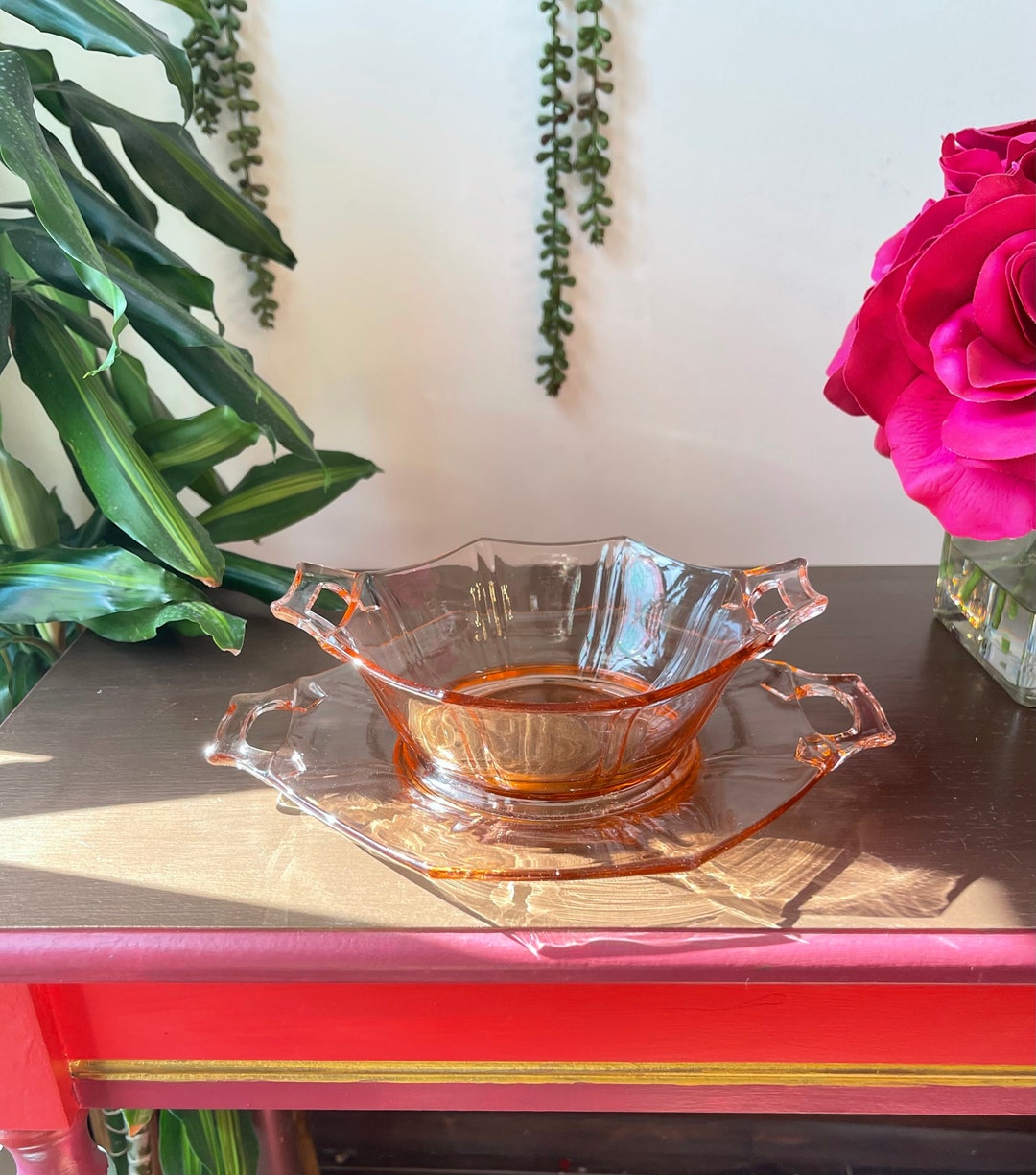 Vintage Imperial Molly Pink Depression Glass Hexagon Shaped Bowl And Tray With Handles Vintage
