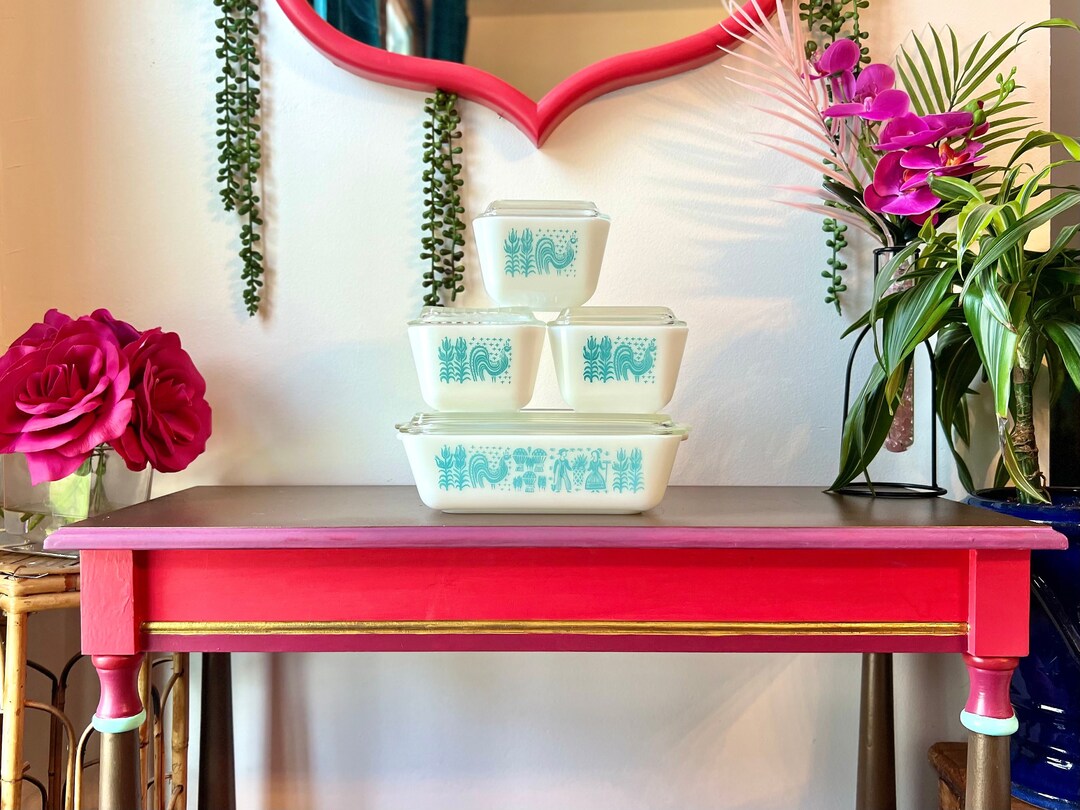 Vintage Pyrex Butterprint Refrigerator Dishes Turquoise and White Amish ...