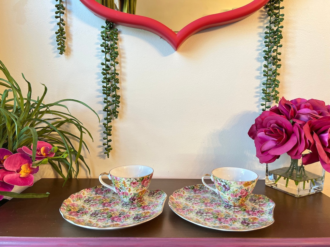 Vintage Teacup and Snack Plate Set | Multicolor Floral Teacups and ...
