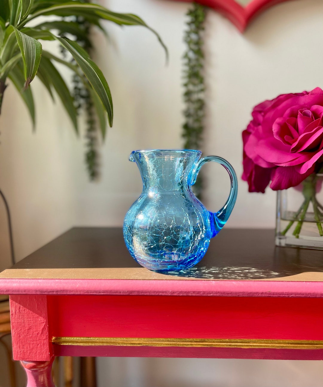 MCM Mini Turquoise Crackle Glass Blenko Pitcher 637S - Small Aqua Blue ...