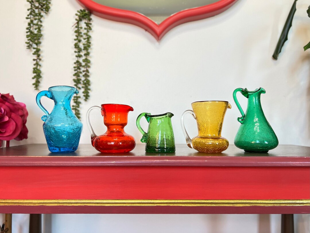 MCM Vintage Crackle Glass Mini Pitchers Set of 5 | Lot of Blown Glass ...