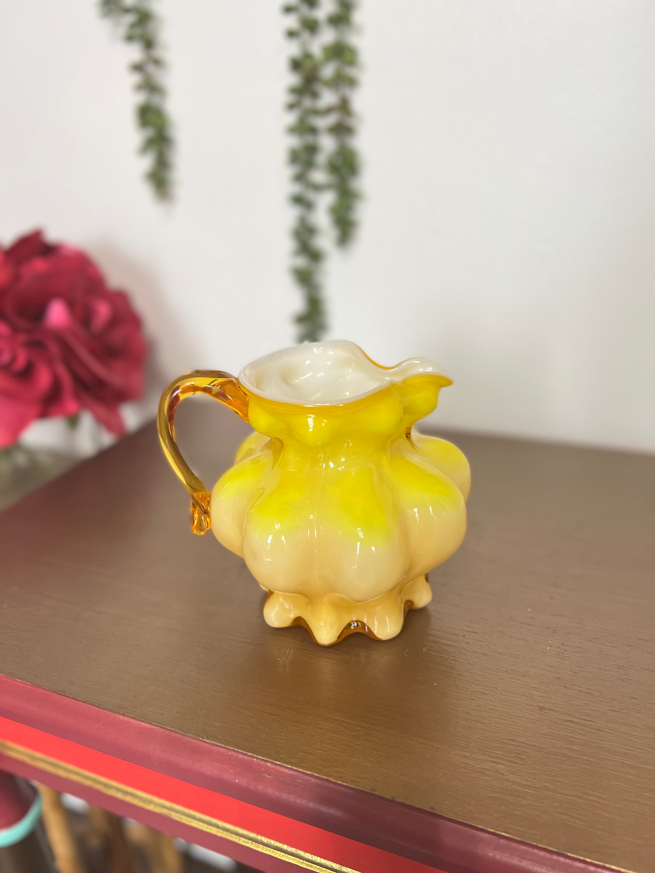 MCM Mini Vintage Kanawha Pitcher Bright Yellow Glass Handled Decorative ...