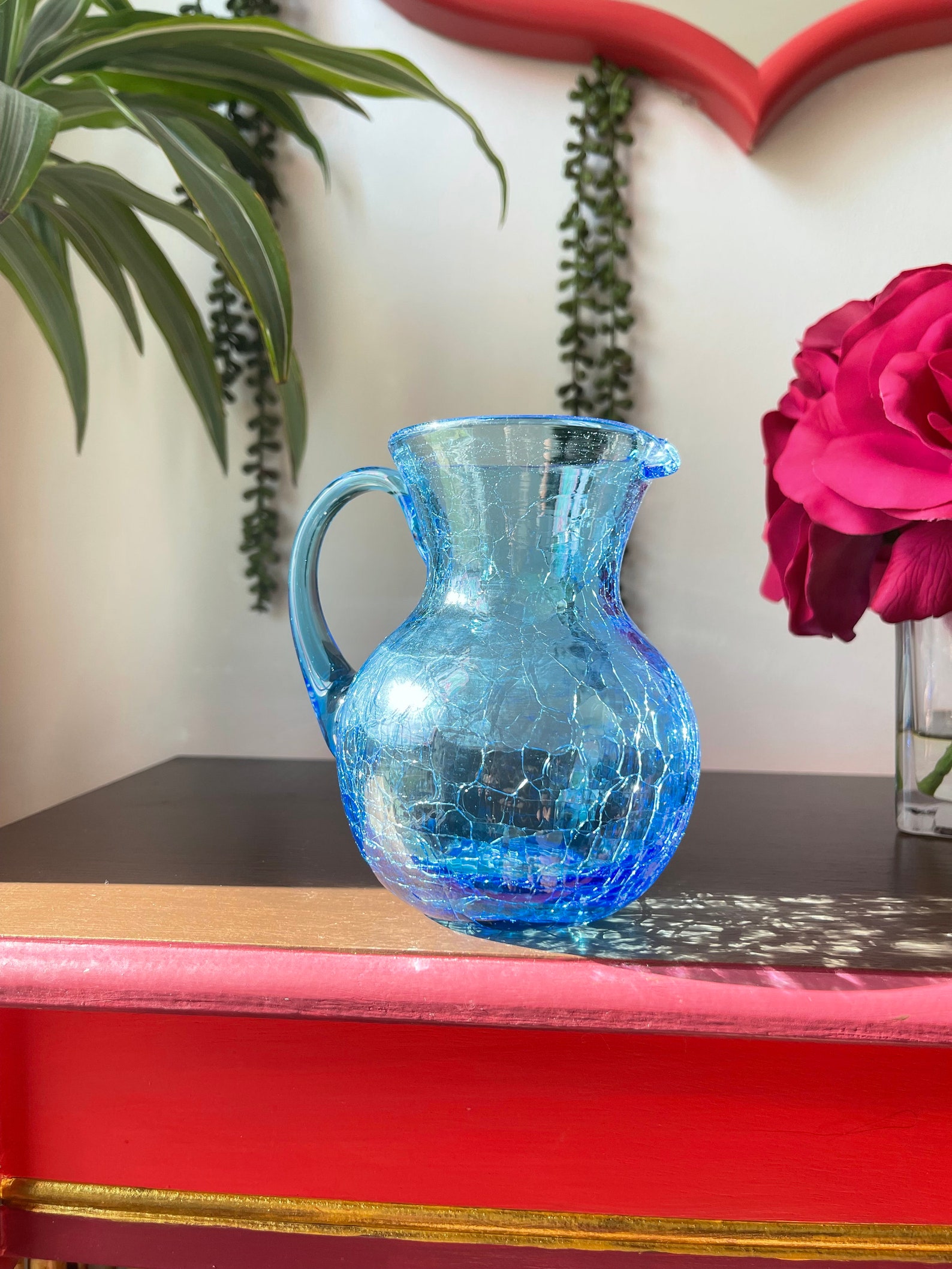 MCM Mini Turquoise Crackle Glass Blenko Pitcher 637S Small Aqua Blue ...