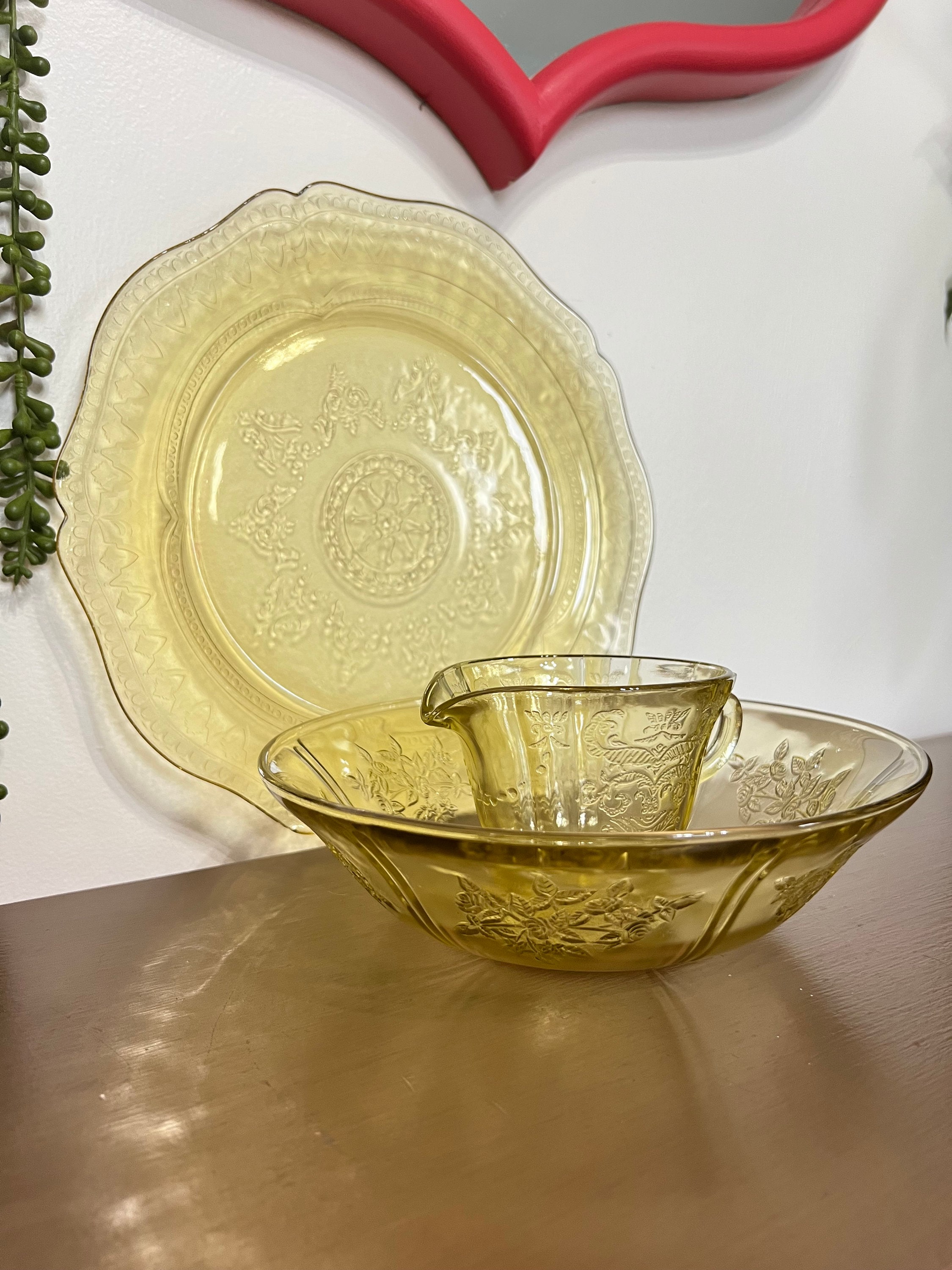 Vintage Yellow Depression Glass Set Yellow Glass Creamer, Serving ...