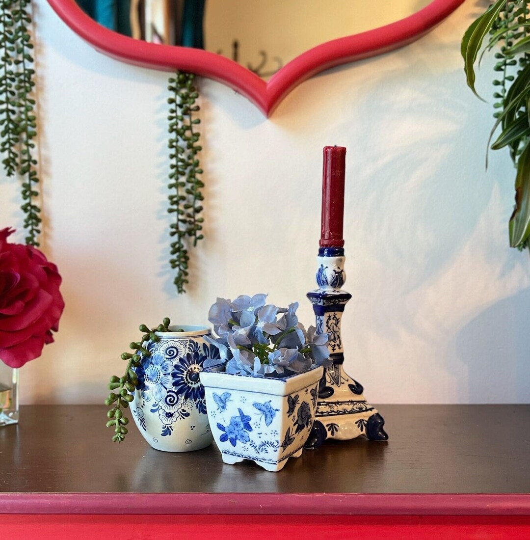 Vintage Blue and White Decor Set | Blue and White Ceramic Vintage Vases With Candle Holder ...