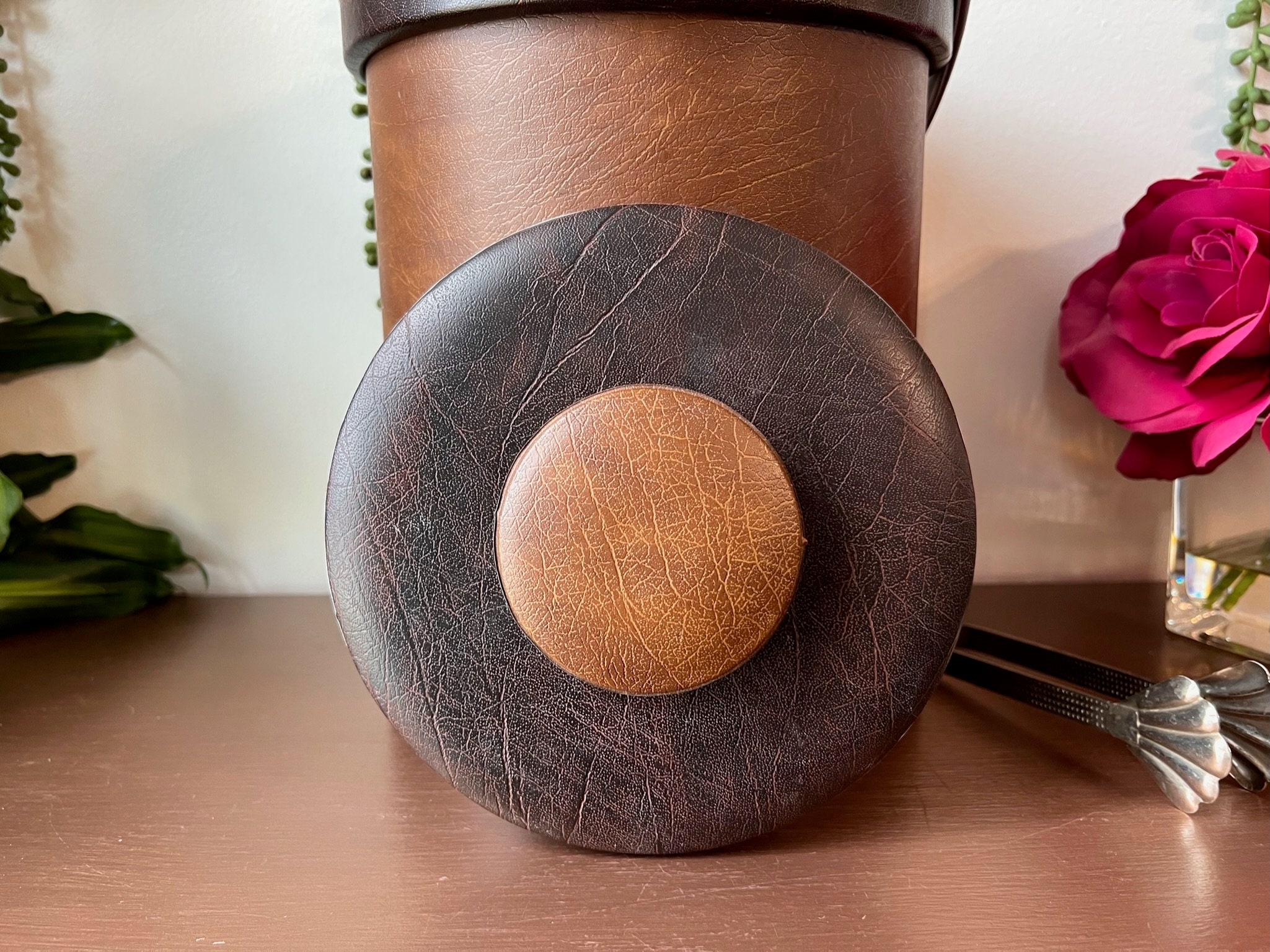 Vintage Shelton-ware Vinyl Ice Bucket With Lid and Silver Ice Tongs Mid ...