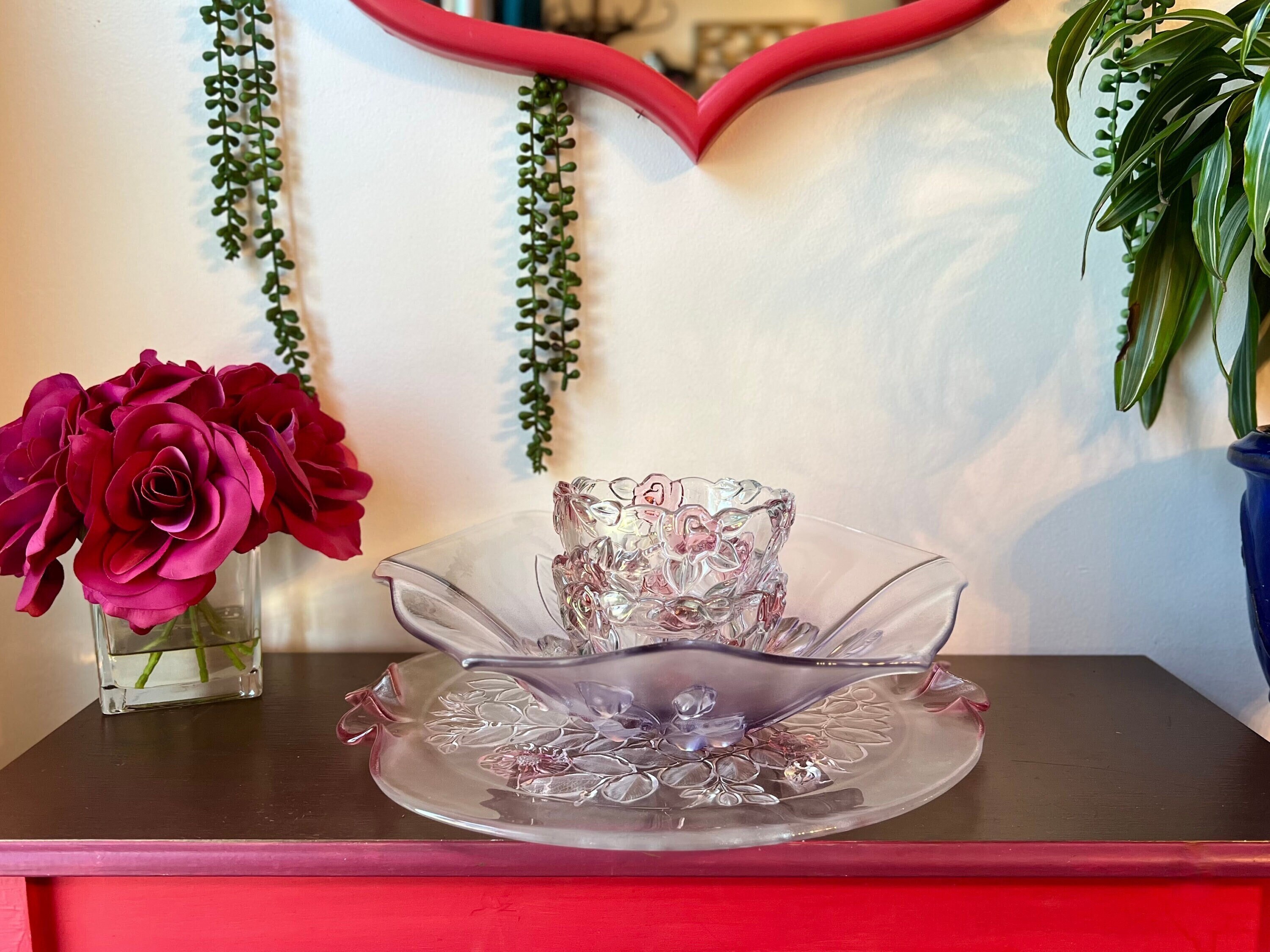 Set of Vintage Mikasa Flower Crystal Serving Dishes | Pink Rosella ...