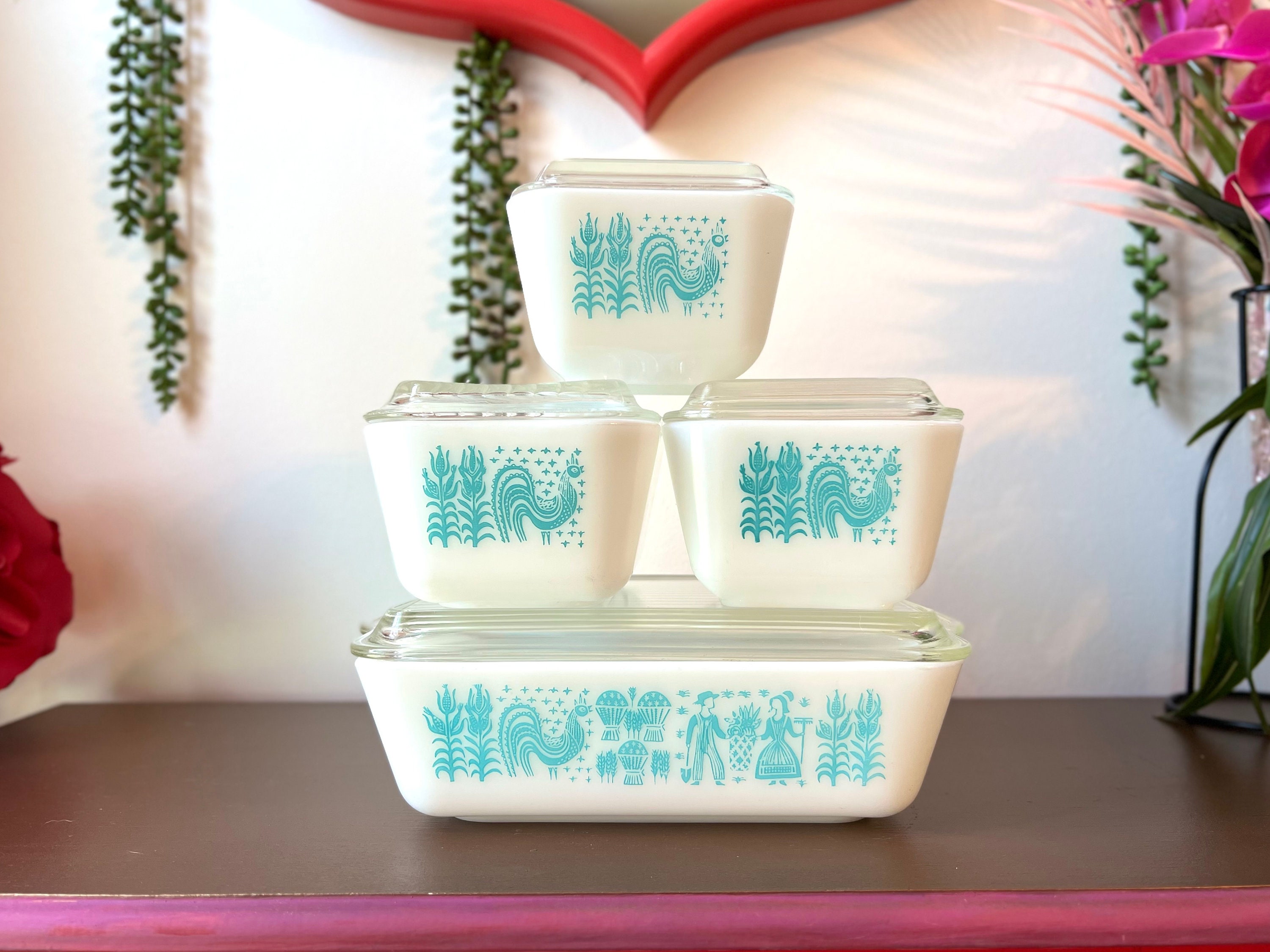 Vintage Pyrex Butterprint Refrigerator Dishes Turquoise and White Amish ...