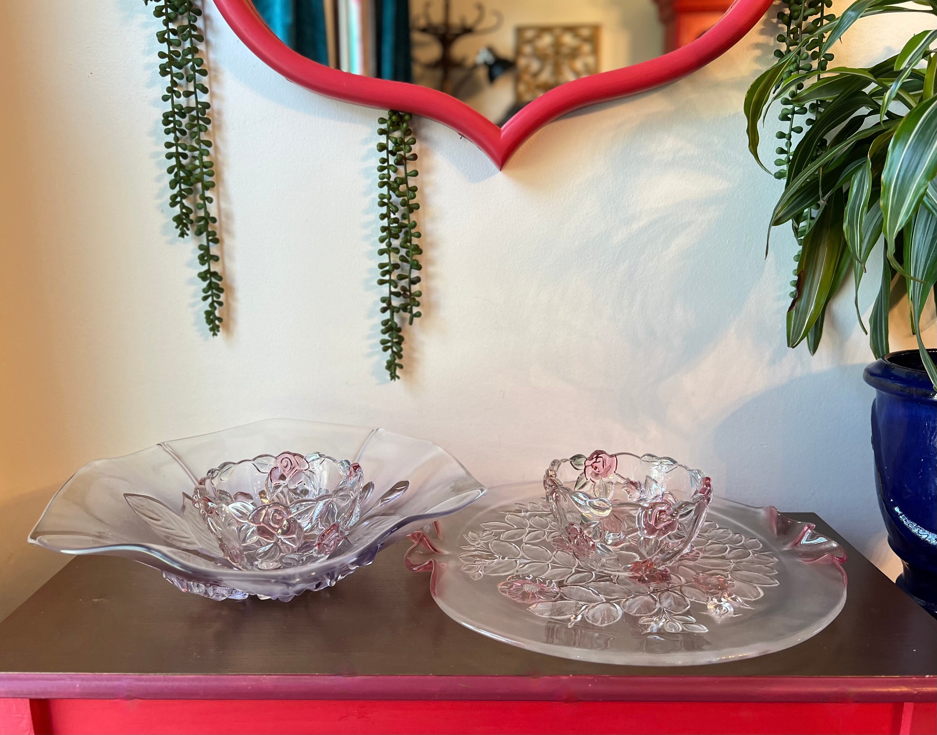 Set of Vintage Mikasa Flower Crystal Serving Dishes Pink Rosella ...